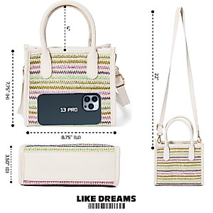 Like Dreams Women Fashion Crossbody Woven Straw Inner Polka Vegan Leather Summer Top Handle Purse (Ivory)