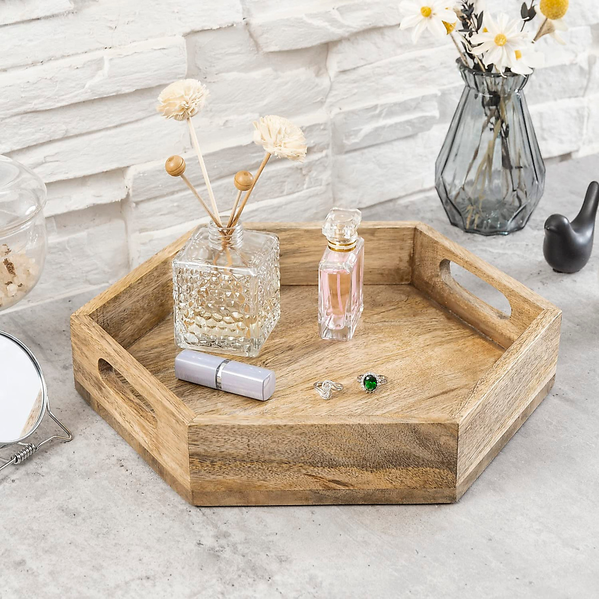 MyGift Decorative Serving Tray, 13 Inch Modern Solid Mango Wood Hexagonal Shaped Coffee Table Tray with Cutout Handles - Handcrafted in India