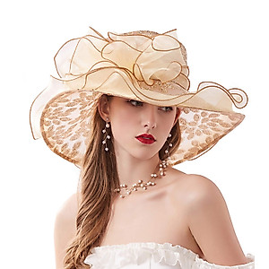 ORIDOOR Women?s Organza Church Kentucky Derby Tea Party Wedding Fascinator Hat UV-Anti Wide Brim Sun Hats, A Gold, One Size