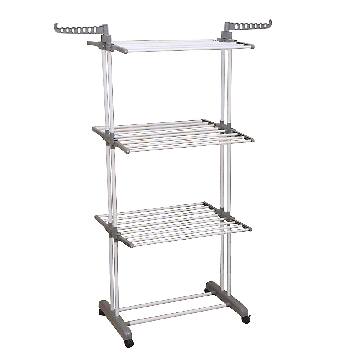 TOLUON Clothes Drying Rack, Movable Drying Rack with 4 castors, 3 Tier Clothes Horses Rack, Laundry Garment Dryer Stand with Two Side Wings for Home (Grey)