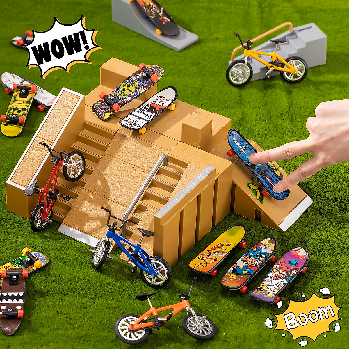 Hortsun 100 Pieces Mini Finger Toys Set Finger Skateboards Fingerboards Toy Finger Bikes Hand Skateboard Tiny Finger Bike Creative Fingertips Movement Party Favors Novelty Toys Gift