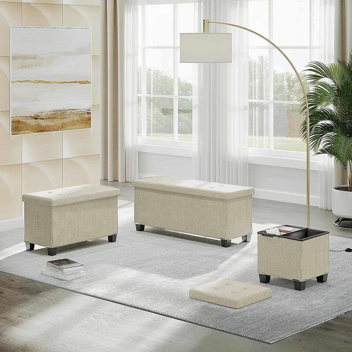 STORAGEBUD SB-STRGBNCH-43IN-WHT-FBRC lidded-Home-Storage-Bins, 43 Inch, Ivory Fabric