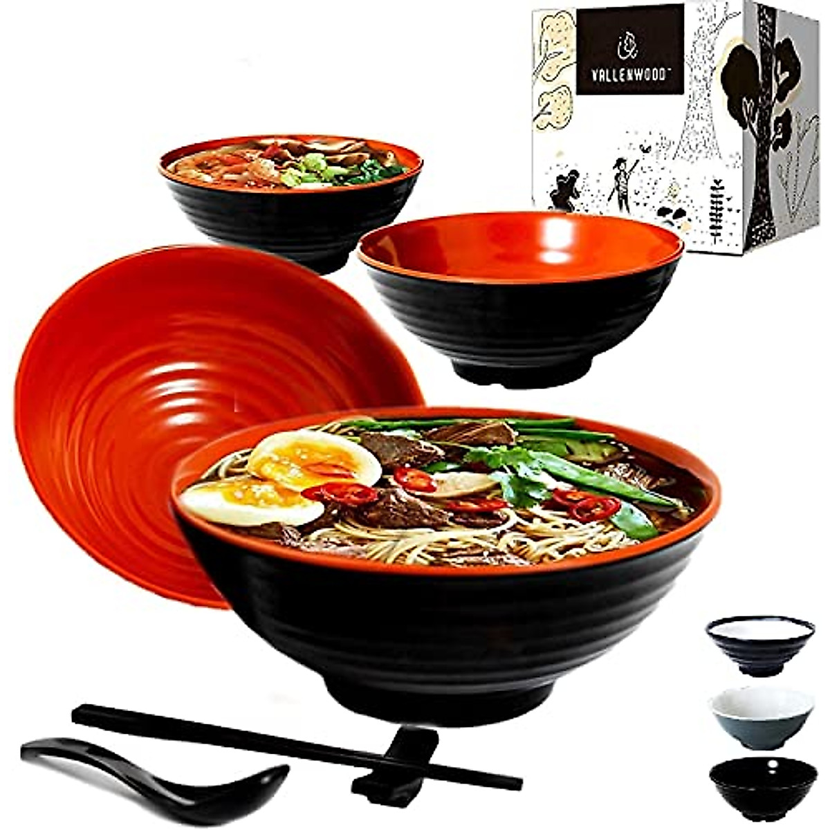 VALLENWOOD 4 set, 16 pieces. Ramen Bowl Set, Asian Japanese soup with Spoons Chopsticks and Stands, Restaurant Quality Melamine, Large 37 oz for Noodles, Pho, Noodle, Udon, Thai, Chinese dinnerware.