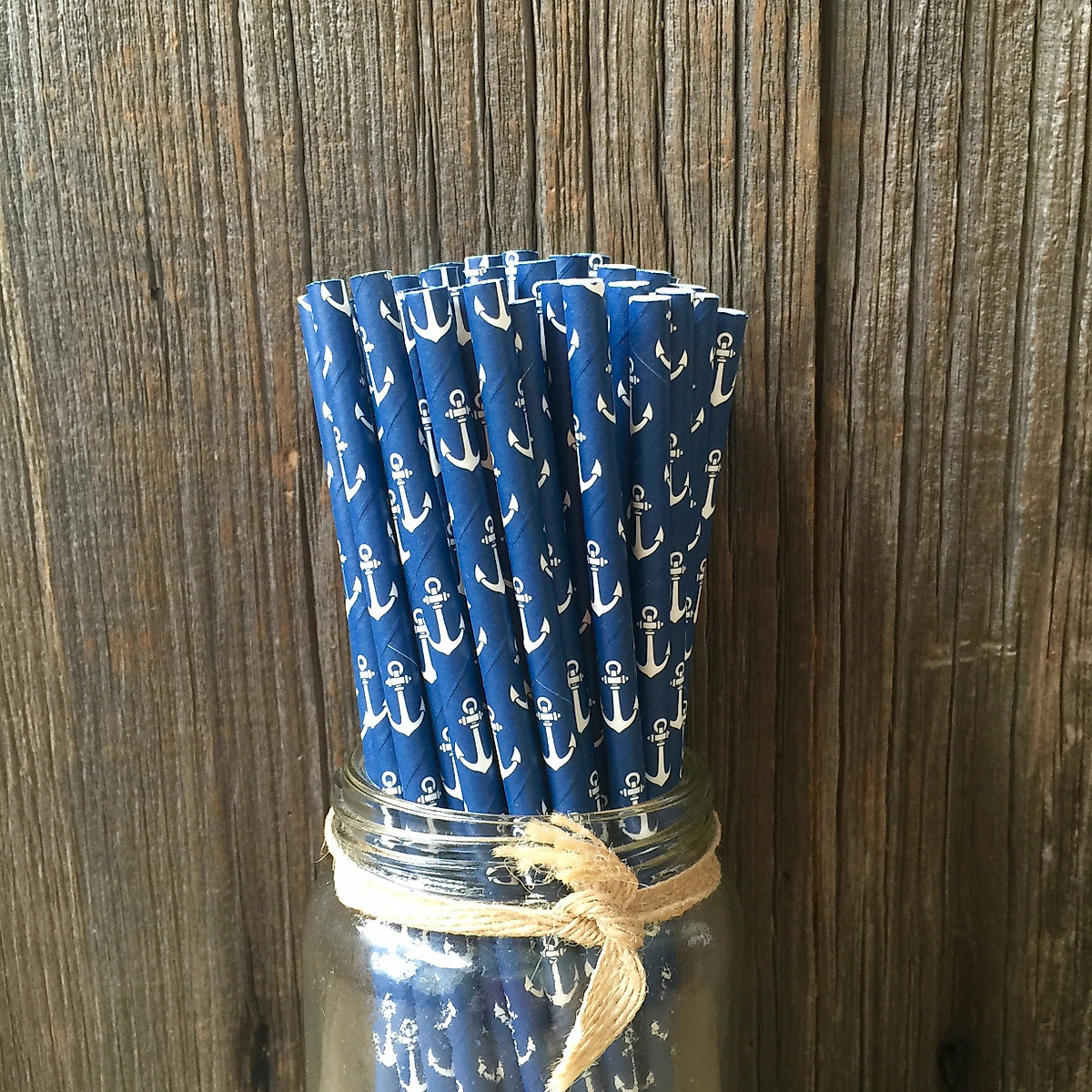Anchor Nautical Themed Paper Straws - Navy Blue White - 7.75 Inches - 100 Pack - Outside the Box Papers Brand