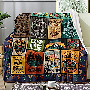Camping Blanket Camping Lovers Gift Ideas for Men or Woman, Super Soft Throws Flannel Fleece Blankets Gifts for Camper Outdoor, Campsite Outdoors RV Travel Hiking Bed Sofa Couch 60"x50"
