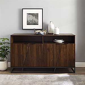 Walker Edison Angled Door Cabinet-Sideboard-Buffet with Open Shelf Storage, 58, Dark Walnut