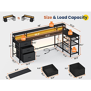 UPOSOJA L Shaped Gaming Desk with 3 Drawers, 78" Reversible Computer Desk with Power Outlet & LED Strip, Home Office Desk with Storage Shelves, Monitor Shelf, Mouse Pad Black