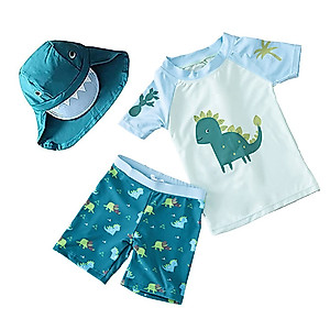 SWMSTUPF Baby Boys Swimsuit Toddler Two Pieces Swimwear Set Dinosaur Bathing Suit Rash Guards with Hat UPF 50+（Dinosaur,18-24Months）