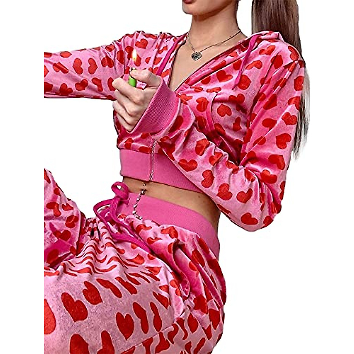 Kaenwang Women 's Heart Print Full Zip Velour Hoodie, Y2K Long Sleeve Crop Sweatshirt Cute Jogging Jacket (Red-top, Small)
