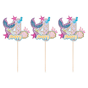 Gyufise 1Pc Mermaid Four Cake Topper Happy 4th Birthday Cake Decorations for Boys Girls Babyshower Under the Sea Themed Mermaid Birthday Party Decoration Supplies
