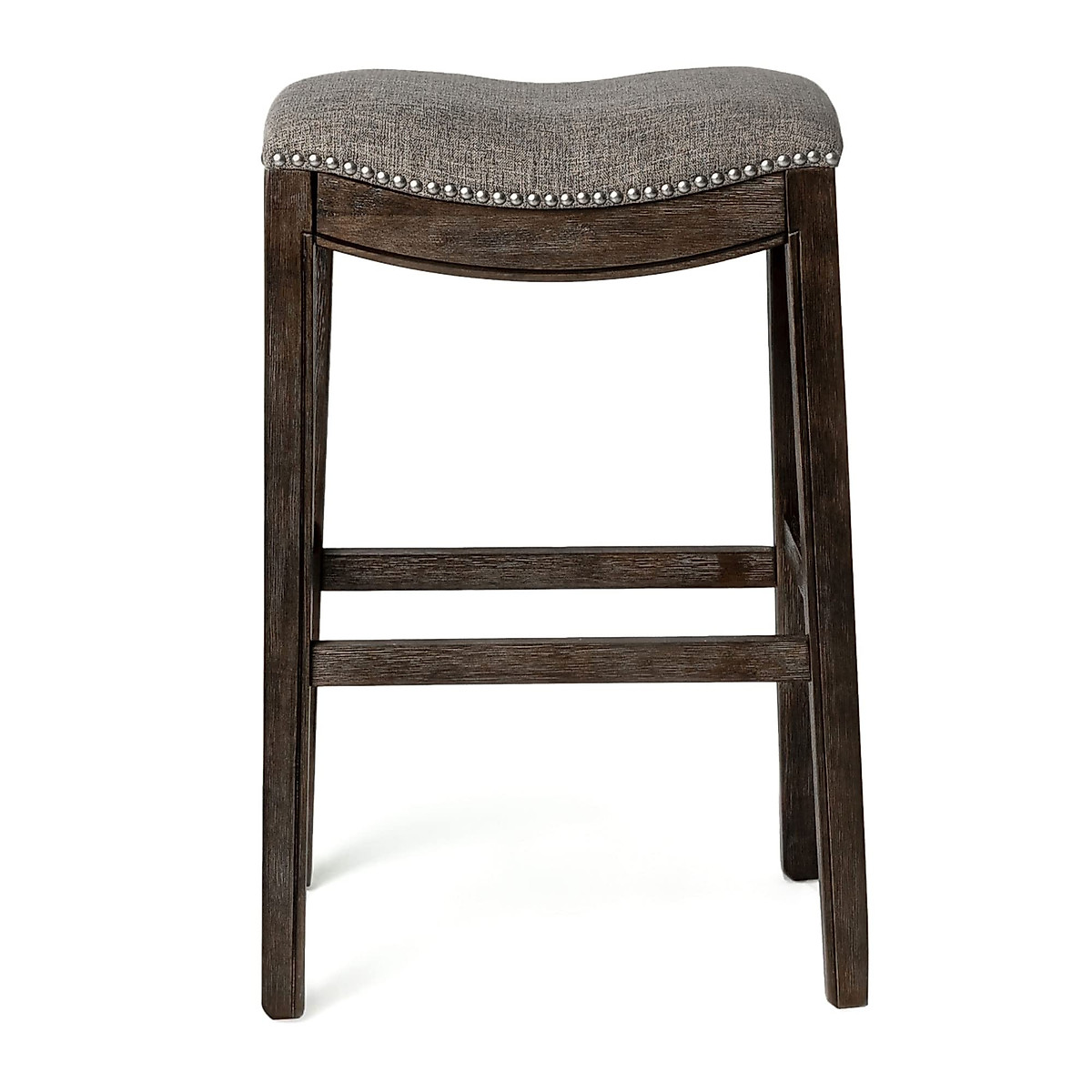 Maven Lane Adrien 31 Inch Bar Height Upholstered Backless Saddle Barstool in Dark Walnut Finish with Ash Grey Fabric Cushion Seat, Set of 2