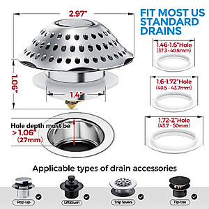 zaa 2Pack Tub Stopper Bathtub Drain Cover and Hair Catcher, Pop Up Bathtub Drain Plug & Strainer, Replaces Bath Tub Lift & Turn, Tip-Toe or Trip Lever, for 1.46-2" W Drain Hole, Silver, Black