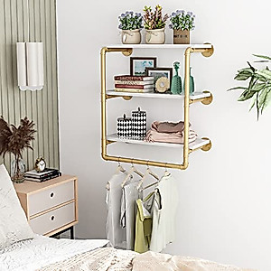 HOMEKAYT Industrial Pipe Shelving Wall Mounted Rustic Wood Shelf Industrial Floating Shelves (Gold 3-Tier, 24'')