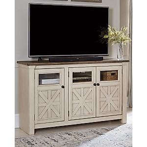 Signature Design by Ashley Bolanburg Farmhouse TV Stand Fits TVs up to 58", 2 Cabinet Doors and 4 Adjustable Storage Shelves, Whitewash & Light Brown