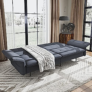 HONBAY Folding Futon, Convertible Sleeper with Adjustable Back, Tufted Sofa Couch Bed for Small Space, Bluish Grey