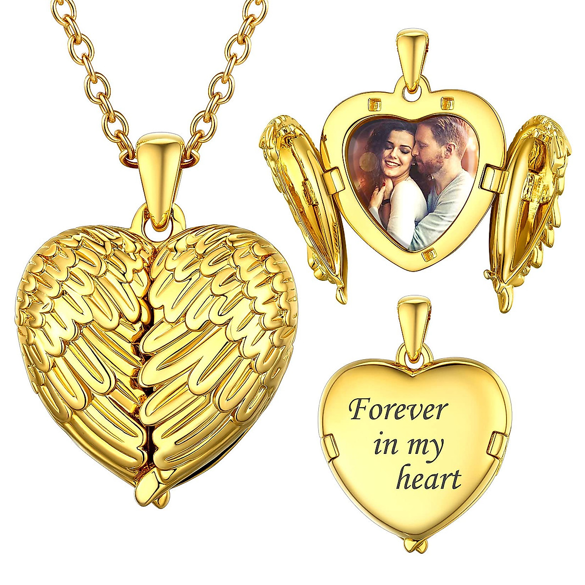SILVERCUTE Heart Locket Necklace with 2 Photos Customized 18K Gold Plated Angel Wing Lockets Pendant Personalized Picture Jewelry for Women