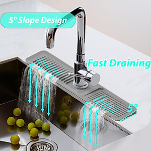 Silicone Kitchen Sink Splash Guard Faucet Mat (17.7" x 5.5"), 5° Slope Faucet Draining Mat, Faucet Handle Drip Catcher Tray Sink Drain Faucet Pad Behind Faucet for Kitchen & Bathroom Countertop