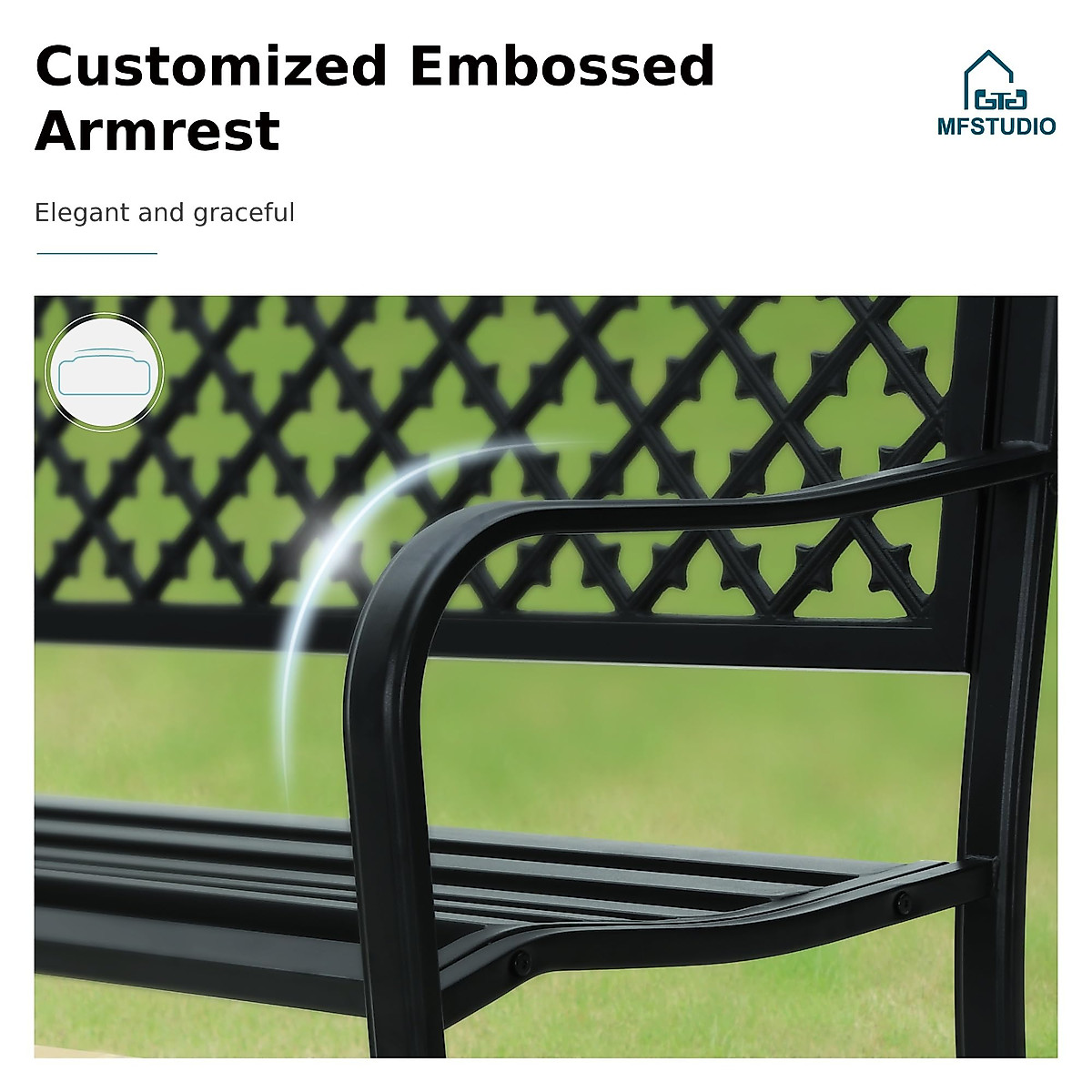 MFSTUDIO 50" Black Outdoor Metal Garden Bench, Cast Iron Frame Patio Furniture with E-Coating, Perfect for Porch and Yard