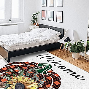 Indoor Area Rugs Thanksgiving Pumpkin Sunflower Grid Non-Slip Floor Mats Orange Black Rectangular Carpet Soft Washable Rugs for Living Room/Bedroom/Hallway Home Decor - 5x7 Feet