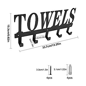 Towel Holder 5 Hooks for Bathroom, Towel Racks, Towel Hooks for Bathroom, Bedroom, Kitchen, Pool, Beach Towels, Bathrobe, Clothing, Metal Sandblasted Wall Mount Rustproof and Waterproof (Black01)