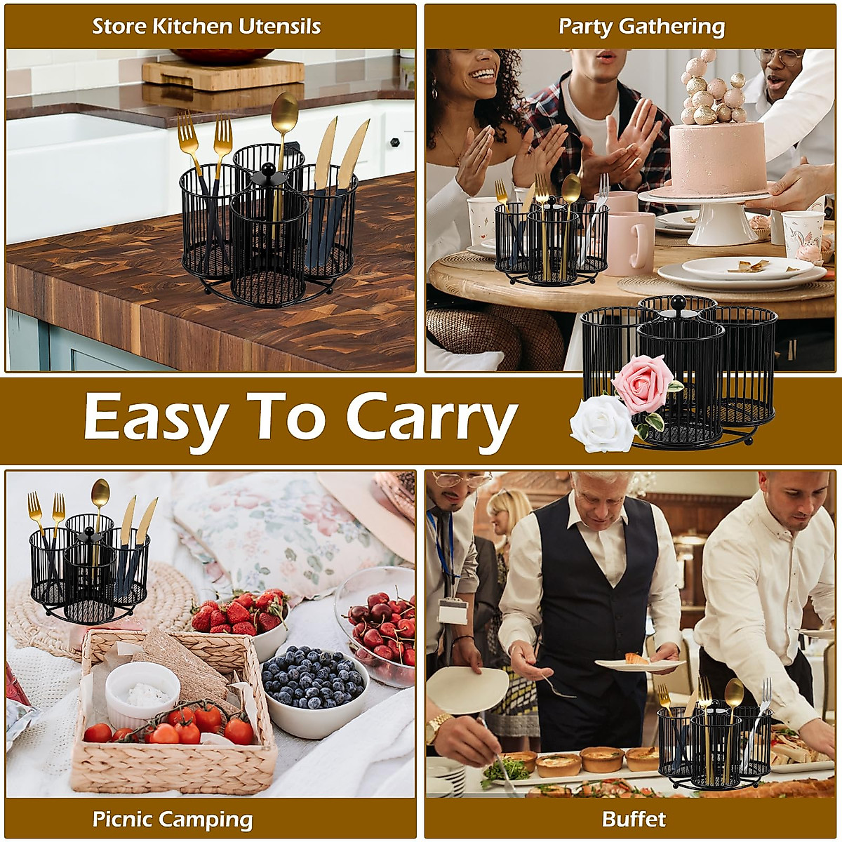 Metal Utensil Caddy 360 Degree Rotating Cutlery Holder 4 Compartment Flatware Storage Basket Portable Multipurpose Countertop Silverware Organizer for Kitchen Picnic Camping Outdoor(16*16*14cm,black)