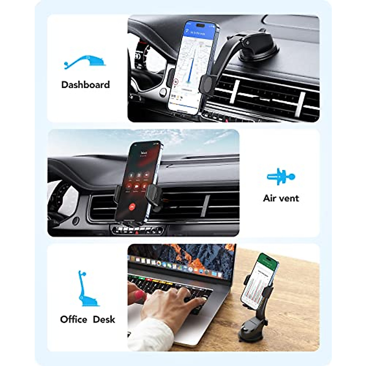 Car Phone Holder, Zethors Phone Mount for Car Dashboard Air Vent Cradle Stable Suction with 360° Flexible, Shockproof 2-in-1 Car Phone Holder Compatible with iPhone 13 Pro Max 12 11, iOS Android Phone