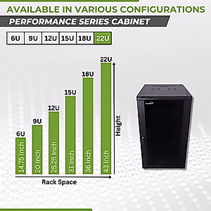 NavePoint 22U Server Cabinet Wall Mount Rack Enclosure with Caster Wheels, 2 Fans, Locking Glass Door, Removable Side Panels – 22U Network Cabinet 23.6” Deep, 19” Server Rack for A/V Equipment