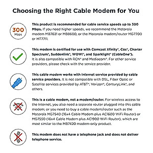 MOTOROLA 16x4 Cable Modem, Model MB7420, 686 Mbps DOCSIS 3.0, Certified by Comcast XFINITY, Charter Spectrum, Time Warner Cable, Cox, BrightHouse, and More