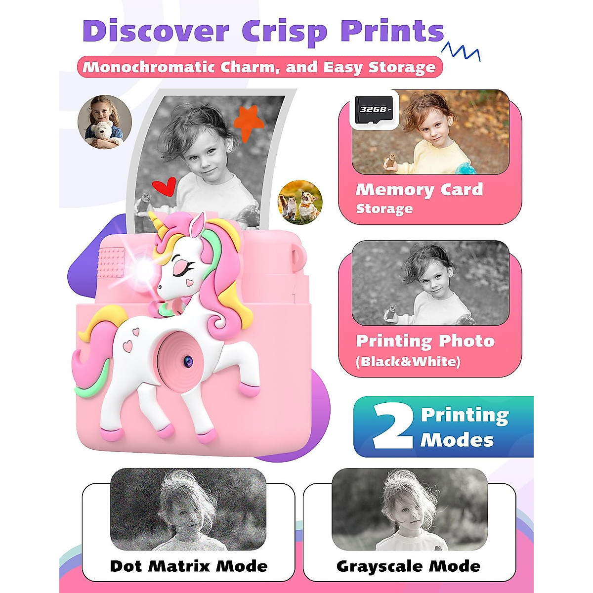 Sueseip Kids Instant Print Camera, 2.4 Inch Screen 1080P Kids Camera for Girls with Flash, Christmas Birthday Gifts for Girls 3 4 5 6 7 8 9 10 Year Old with 3 Rolls of Photo Paper and a 32G Card