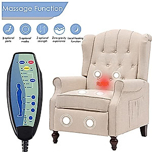 IPKIG Recliner Chair with Heated and Massage, Tufted Comfy Wingback Design Push Back Recliners Armchair Accent Chairs with Side Pockets for Living Room, Bedroom, Home (1, Beige)