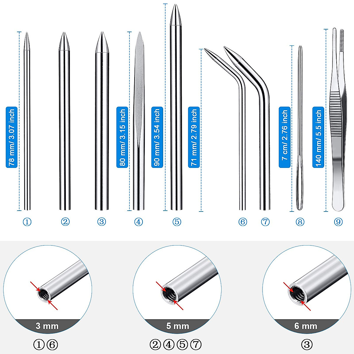 Ferraycle 12 Pieces Paracord FID Set Stainless Steel Knotter Tools Marlinspike Set Paracord Stitching Lacing Stitching Needles and Smoothing Tool Knotter Tools for Leather or Paracord Work (Black)