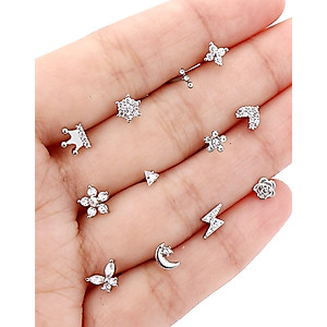 Akeoqi 12Pcs Nose Stud L Shape Nose Rings Cubic Zirconia Butterfly Flower Eye Moon Heart Crown Lightning Piercing Jewelry for Women Men 20G Silver Tone