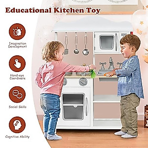 Costzon Kids Kitchen Playset, Wooden Play Kitchen w/Sink, Oven, Microwave, Stove, Pots, Utensils, Pretend Play Cooking Set w/Shelf, Cabinets, Great Gift for Toddlers Boys Girls
