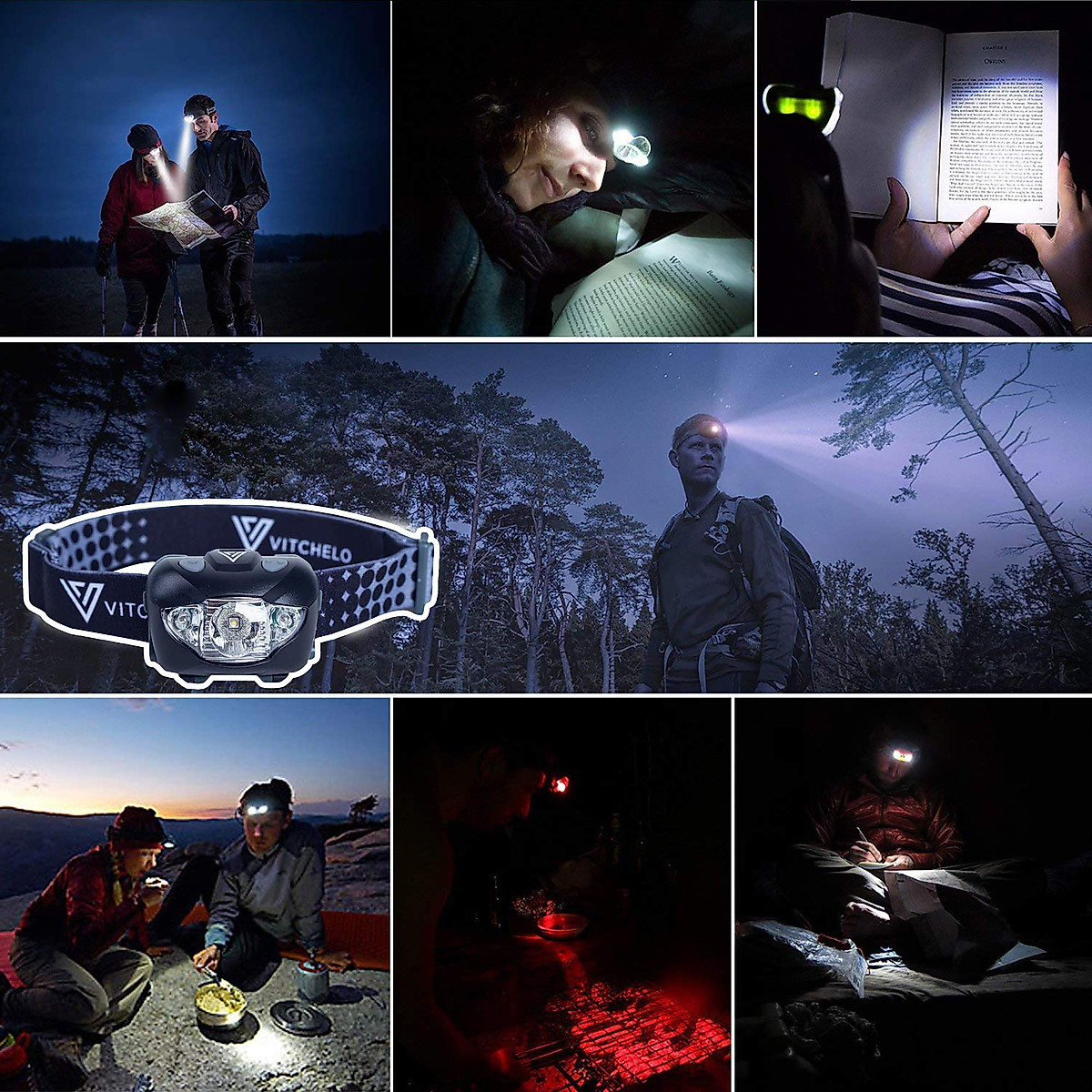 Vitchelo Black Headlamp Flashlight - Red Safety Light - 6 Light Modes - Super Bright Waterproof Adjustable Head Light - 3 AAA Batteries - Running, Jogging, Camping, Hiking, Cycling - Kids, Adults