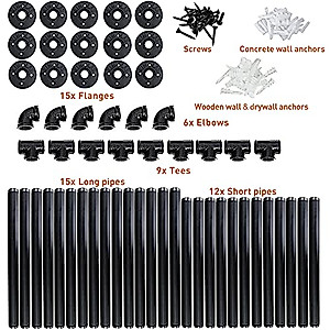 HITOMEN Industrial Iron Pipe Shelves Shelf Brackets Black Vintage Retro Shelving Wall Mounted DIY Open Bookshelf Rustic Farmhouse Pantry Kitchen Storage (3Pcs 5 Tier, 56" Tall 12" Deep, Hardware Only)