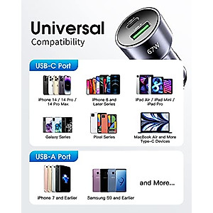 BYEASY USB Car Charger, 67W Dual Port Fast Type C Charging Adapter, PD3.0 QC4.0 Power Output Charger, Car Cigarette Lighter Plug for MacBook, Laptop, iPhone 14/13, Samsung S22/S21, iPad Pro More