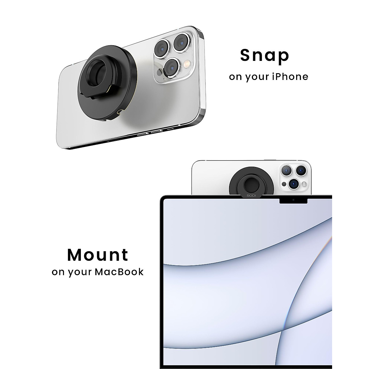 SODI Continuity Camera Mount for Desktop Monitor & iMac Compatible iPhone Webcam Mount with Mag-Safe for Mac and Displays, Mac OS Ventura, Work for Facetime, Desk View, Black