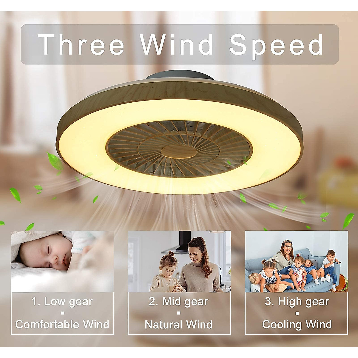 Anresun 23" LED Ceiling Fan with Lights, for Indoor Kitchen Bathroom Bedroom, Dimmable with Remote Control, 3 Files, Adjustable Wind Speed, Modern Ceiling Fan
