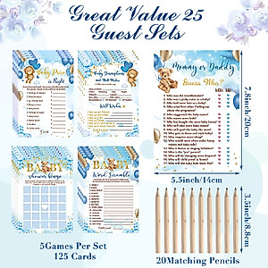 125 Pcs Bear Baby Shower Games for Boy Girl 5 Game Activities Bear Cards with 20 Pencils Includes Baby Bingo Guess Who Baby Price is Right Description Word Scramble Game(Blue)