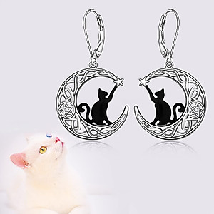 Black Cat Earrings for Women Sterling Silver Leverback Cute Animal Crescent Moon Celtic Knot Dangle Drop Earrings Hypoallergenic Cats Lover Halloween Gifts