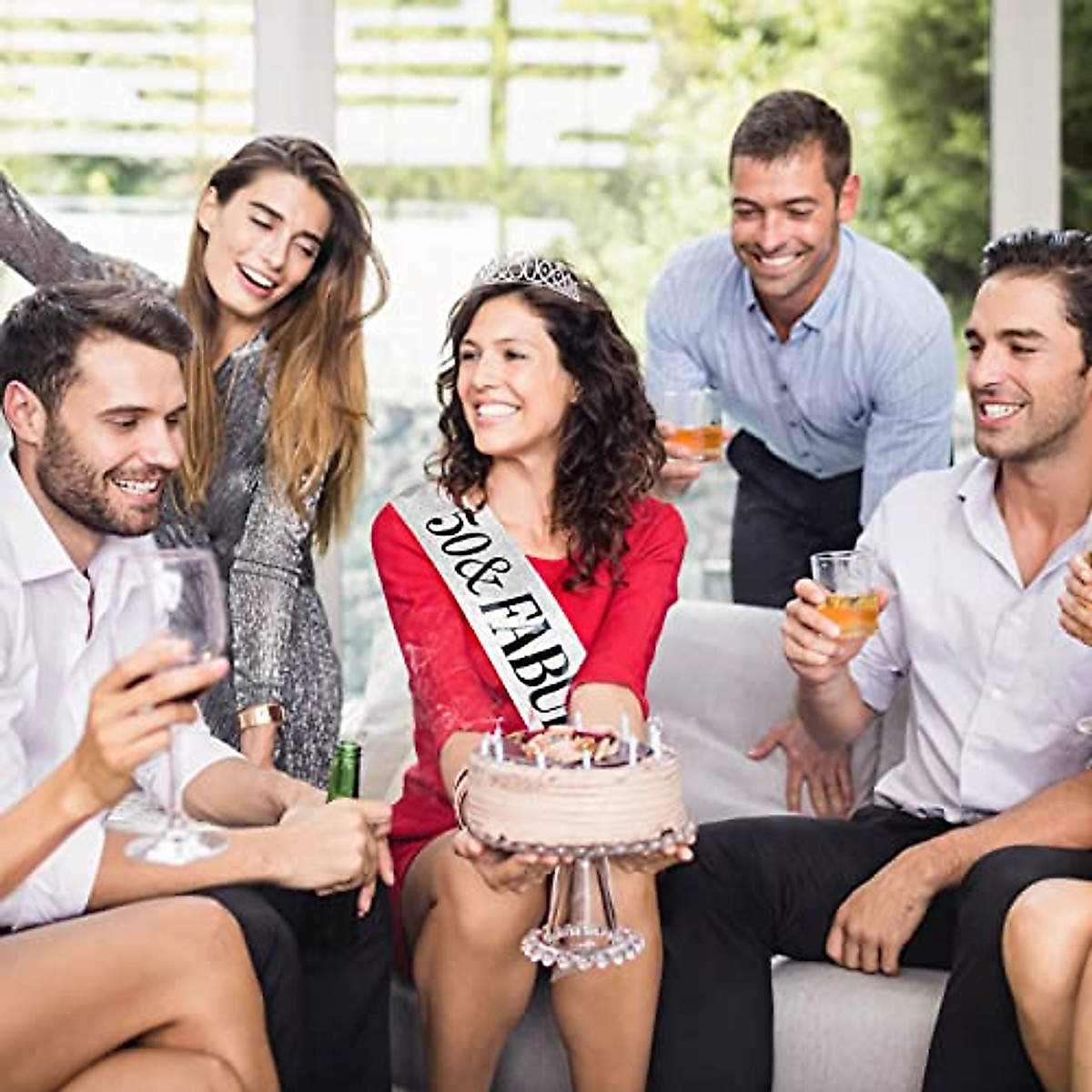 Tihebax 50th Birthday Sash and Crown/Tiara Set 50th Birthday Gifts for Women 50th Birthday Decorations Women Bonus 50th Cake Topper Pearl Pin (silver)