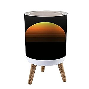 Small Trash Can with Lid 80s sunset retro neon 90s poster electro sun space vintage grid sunset Waste Bin with Wood Legs Press Cover Wastebasket Round Garbage Bin for Kitchen Bathroom Bedroom Office