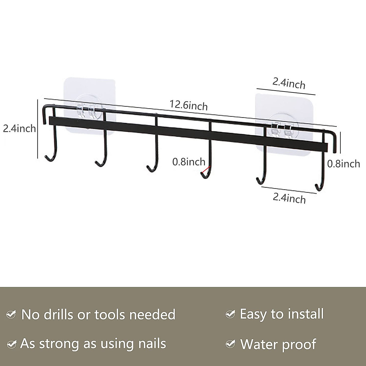 2 Pack Adhesive Wall Hooks Rack Kitchen Rail, Space Saving Heavy Duty Wall Hooks Hanger with 6 Hooks for Kitchen Bathroom Bedroom Closet, Kitchen Utensil for Hanging Knives, Spoon, Towel (Black)