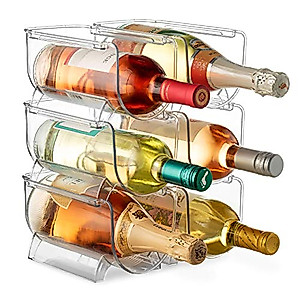 Set of 6 Wine and Water Bottle Organizer, Stackable Plastic Wine Rack Holder for Pantry, Kitchen, Fridge, Ideal Storage for Wine, Soda, Pop and Beer, Clear