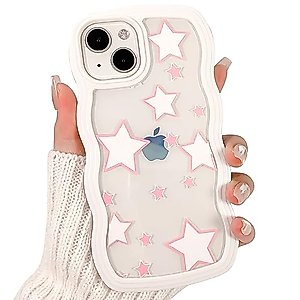 NITITOP Compatible for iPhone 13/ iPhone 14 Case Cute Pink Stars Curly Wave Frame Shape Shockproof Soft TPU 2 in 1 Phone Cover for Women Girl-White Pink Star