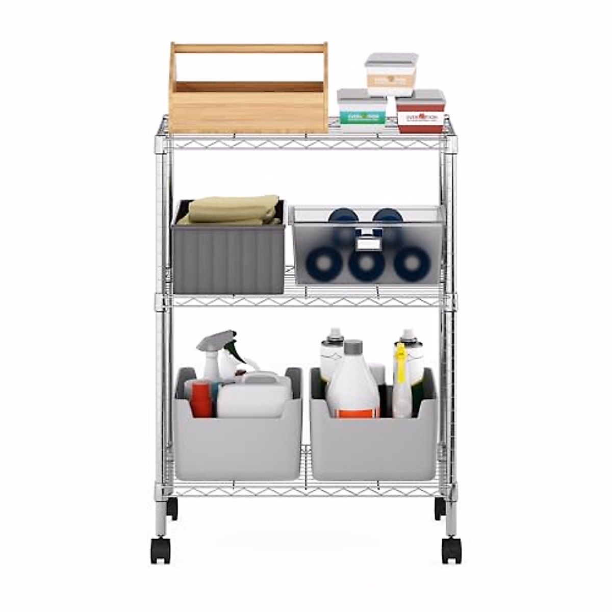 Furinno Wayar 3-Tier Metal Storage Shelf Rack Cart with Casters, 23 x 13 x 30, Stainless Steel