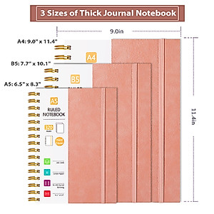 Hardcover Spiral Notebook, College Ruled Notebook Journal with 320 Pages, 7.6" X 10" Lined Journaling for Women Men, B5 Leather Writing Journals for Work, School, Office, 18pcs Index Tabs, Pink