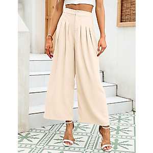 KOJOOIN Women High Waisted Wide Leg Palazzo Pants, Flowy Pants for Women Loose Fit Elastic Waist Pleated Trousers Comfy Elegant Business Casual Straight Leg Dress Pants Beige XL
