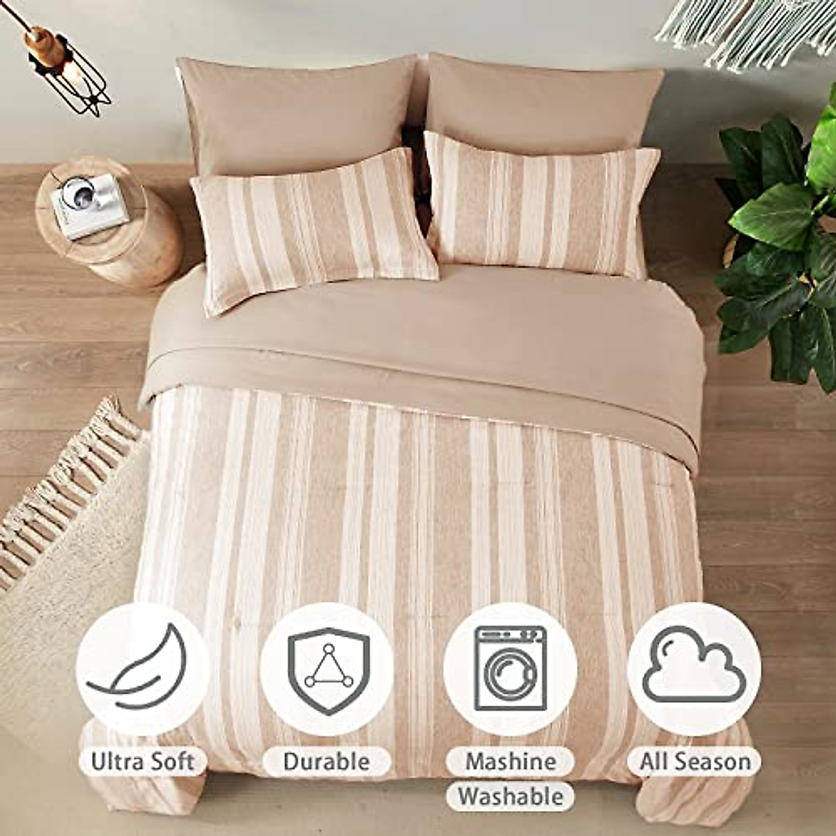 Mybedsoul Khaki Comforter Set Queen Size, Cationic Dyeing Stripes Comforter All Season Bedding Set, Soft Microfiber 7 Pieces Bed in a Bag (2 Pillow Shams, Flat Sheet, Fitted Sheet and 2 Pillowcases)