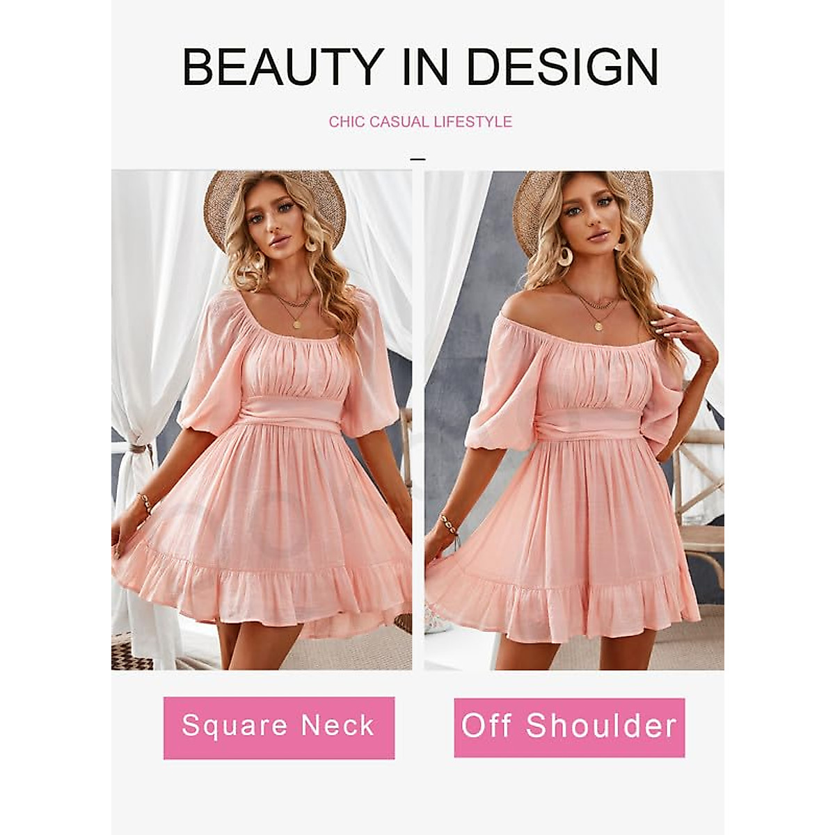 Dokotoo Women's Square Neck Off The Shoulder Dresses Lantern Sleeve Tie Backless Sexy Dresses Ruffle A-Line Casual Dress Shirred Elastic Waist Pink Dress for Women Medium